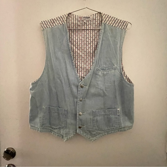 Guess | Jackets & Coats | Vintage Guess Blue Denim Vest With Patterned ...